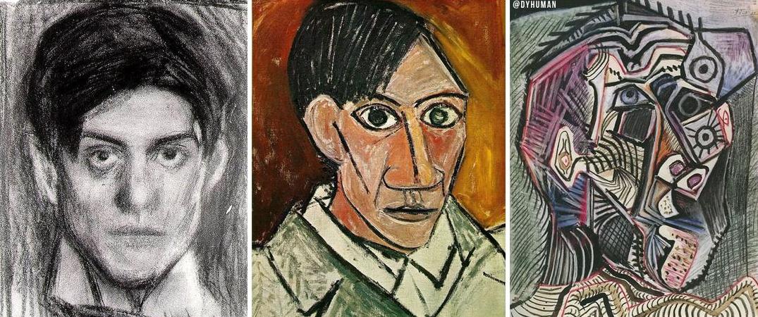 Picasso’s self-portrait at ages 18, 25, and 90.