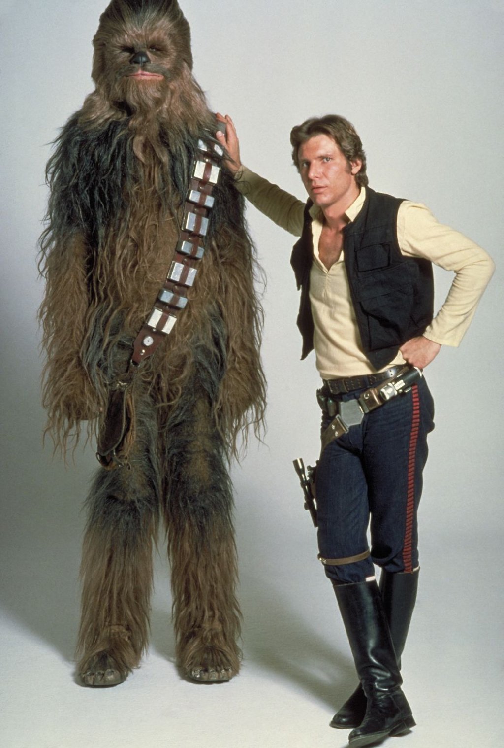 Harrison Ford and Peter Mayhew in costume for Episode IV in 1977.