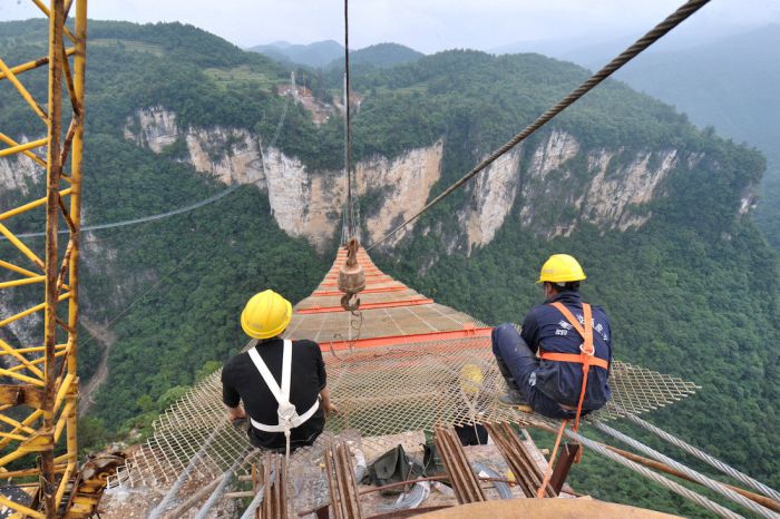 Aerial View Of The World’s Highest Glass Suspension Bridge.