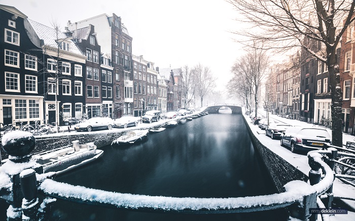 Amsterdam Canal covered in Snow.